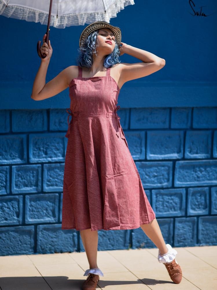 One Piece Sleeveless Cotton Maroon Dress|Swamp Rose Mallow|Suta